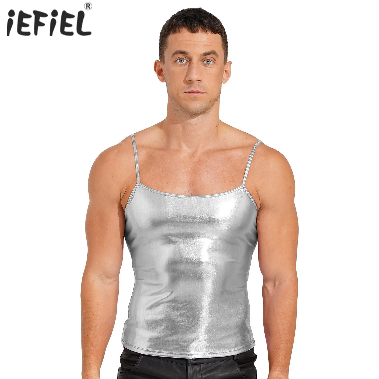 Mens-Shiny-Patent-Leather-Spaghetti-Straps-Sleeveless-Vest-Top-Metallic ...
