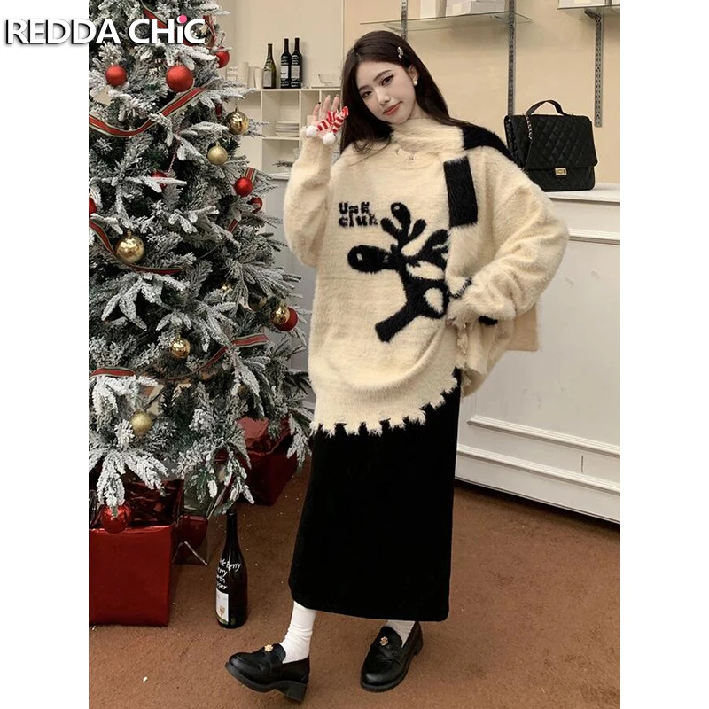 ReddaChic-Xmas-Reindeer-Furry-Jumper-Top-Women-Bicolor-Raw-Hem-Long ...