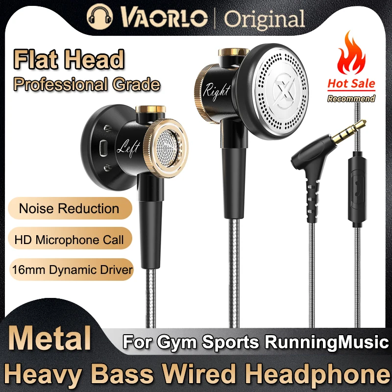 D08-Flat Head Earphone 16MM Metal Dynamic Driver HiFi Headphone With ...