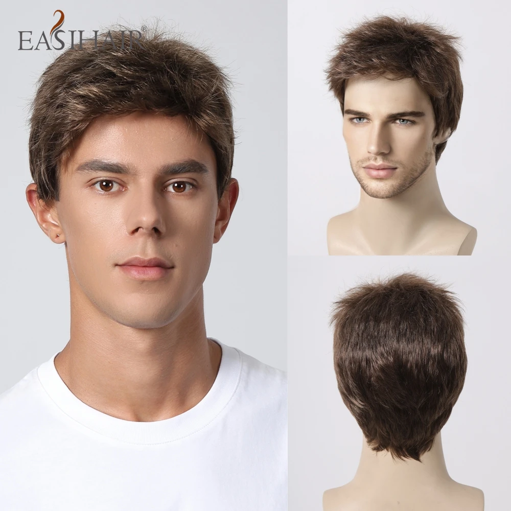Synthetic Men Wigs Short Pixie Cut Natural Brown Mens Wig Layered ...