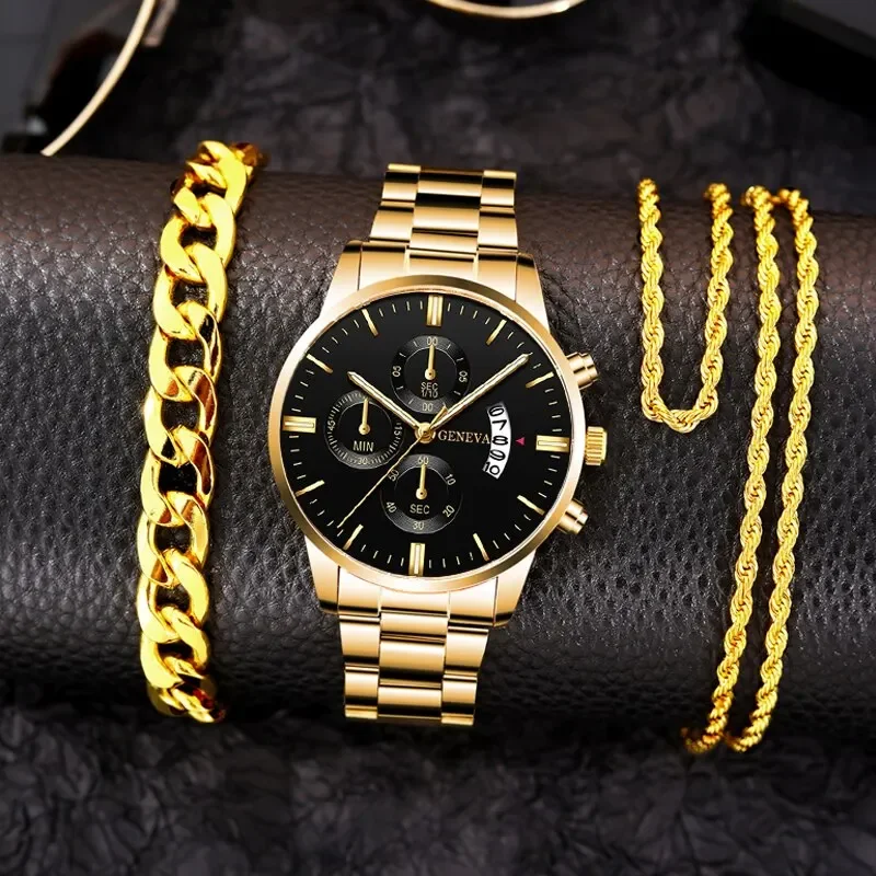 3PCS Set Fashion Mens Business Watches Male Casual Stainless Steel ...