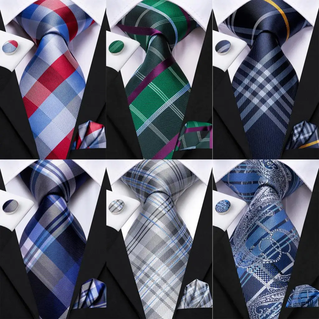 Hi-Tie-Plaid-Silk-Tie-For-Men-Elegant-Mens-Blue-Grey-Necktie-Pocket ...
