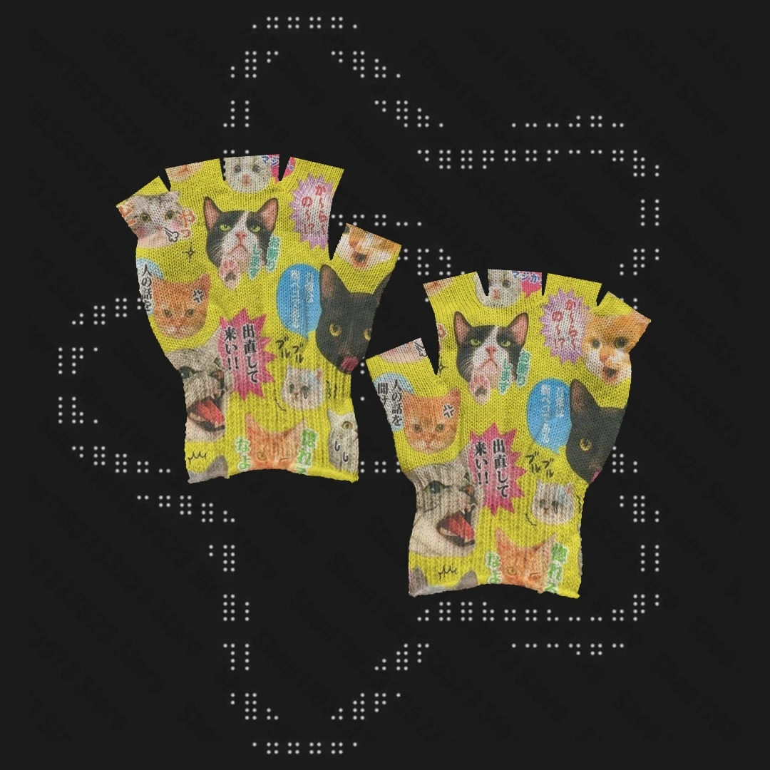 90s Sweet Cat Pattern fingerless gloves Aesthetic Fairy fingerless ...
