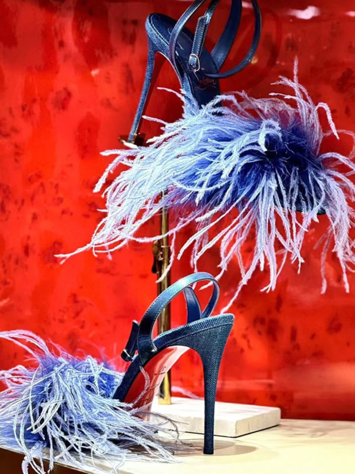 New red soled shoes, denim, elegant feather round toe, exposed toe,slim ...