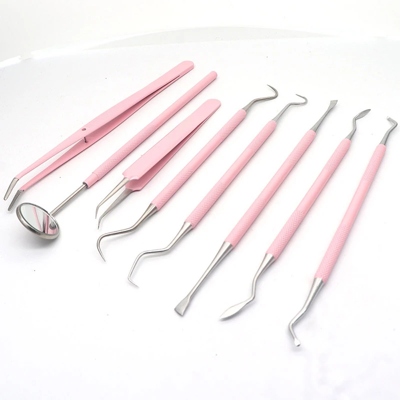 1pc Dental Mouth Mirror Tweezers Probe Stainless Steel Pink Color ...