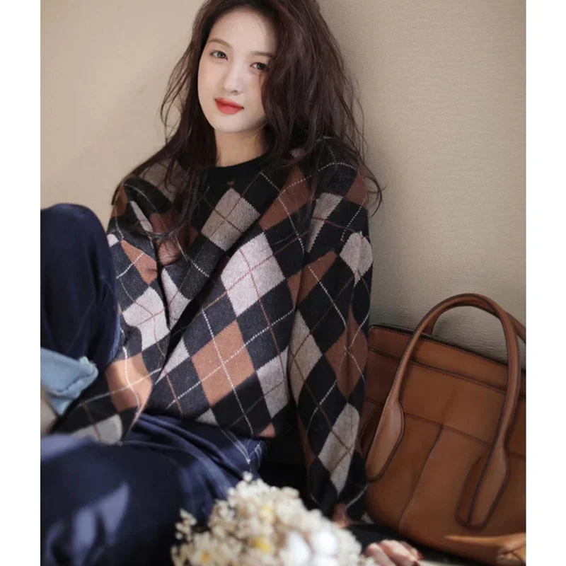 Rhomboid-knitted-patchwork-colored-thickened-woolen-sweater-for-women-s-autumn-winter-round-neck ...