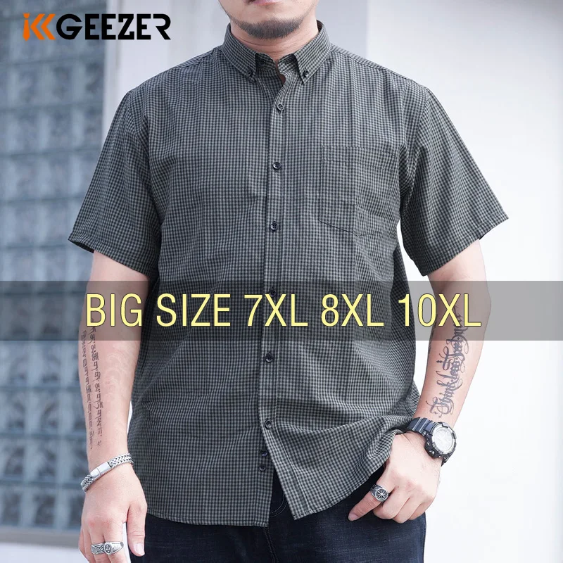 Men Shirt Plaid Short Sleeve Oversize 6XL 7XL 8XL 10XL Plus Size Summer Formal Fashion Black ...