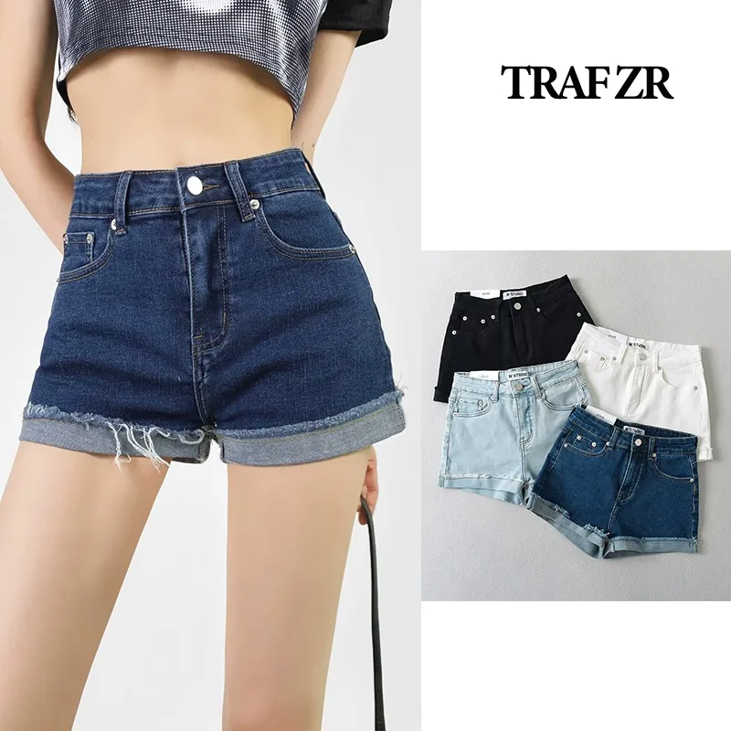 TRAF-ZR-Basic-Denim-Shorts-for-Women-High-Waist-Turned-up-Raw-Hem-Jean ...