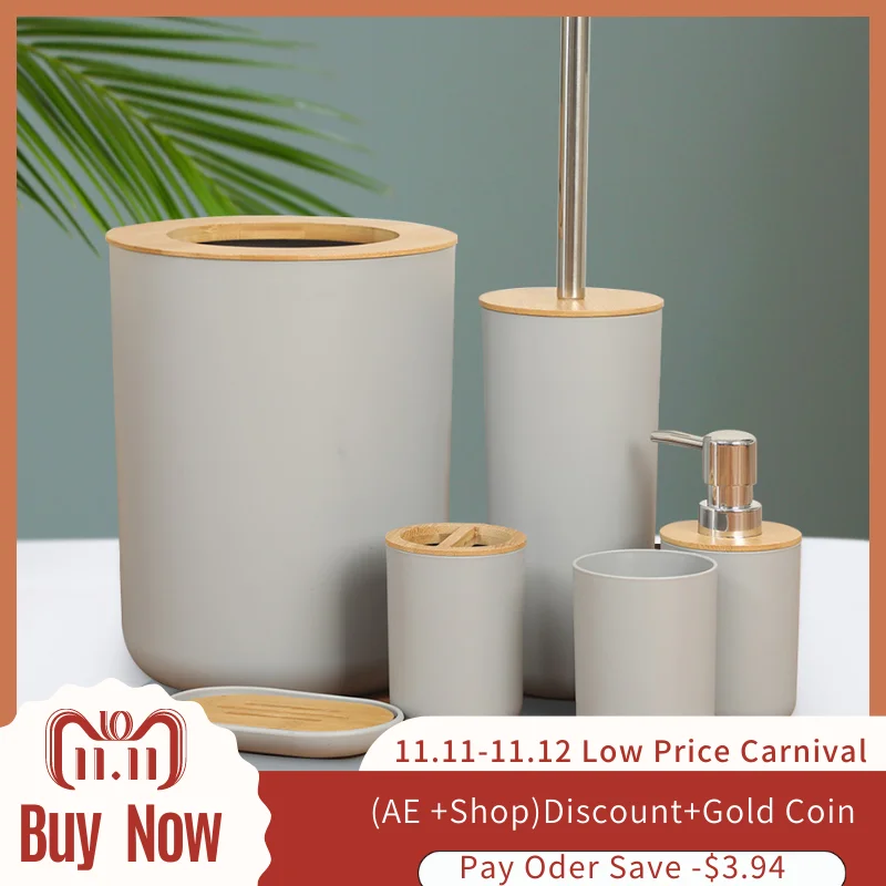 6pcs Bathroom Accessories Set Bamboo Shower Set Soap Dispenser ...
