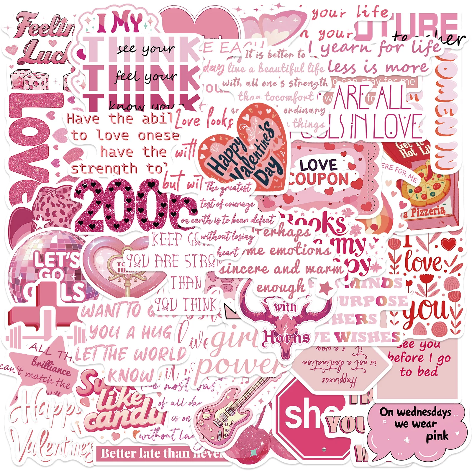 50PCS Pink Romantic Quotes Stickers Positive Love Quote Waterproof ...