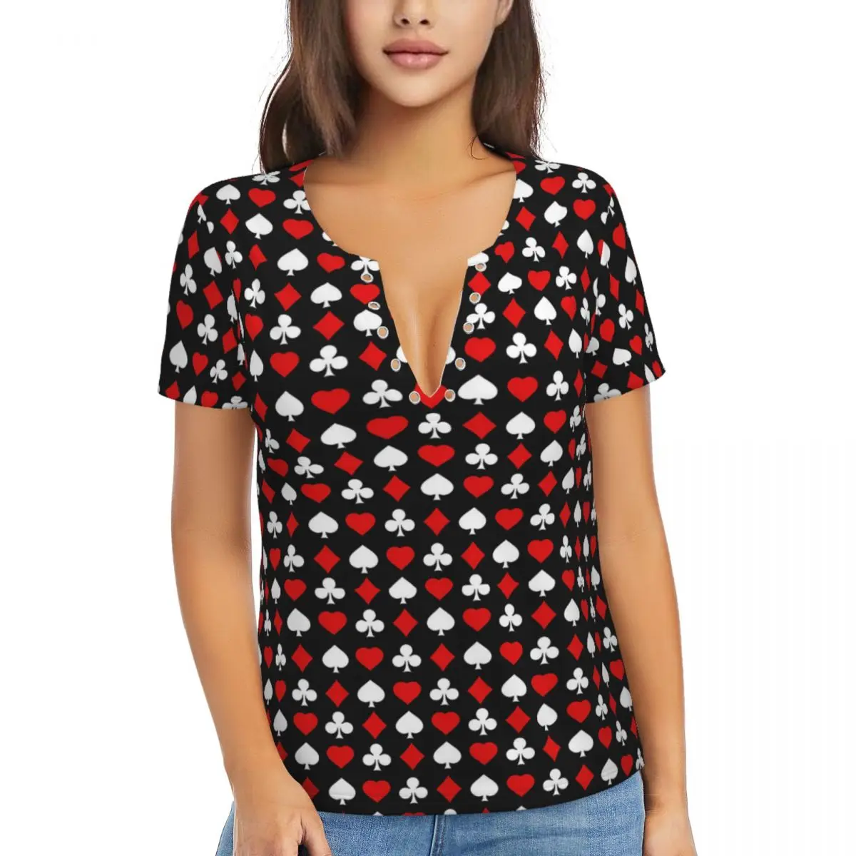 Poker-Cards-T-Shirt-Playing-Card-Suits-Y2K-Modern-T-Shirts-Sexy-Deep-V ...