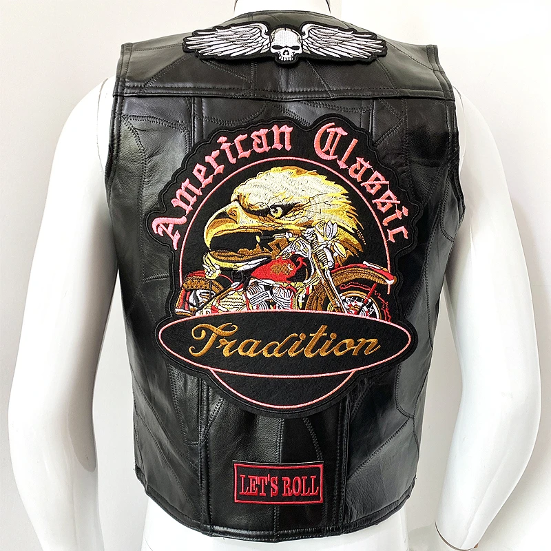 Nieuw Heren Lederen Motorvest Mode Eagle Borduurwerk Mouwloos Jasje ...