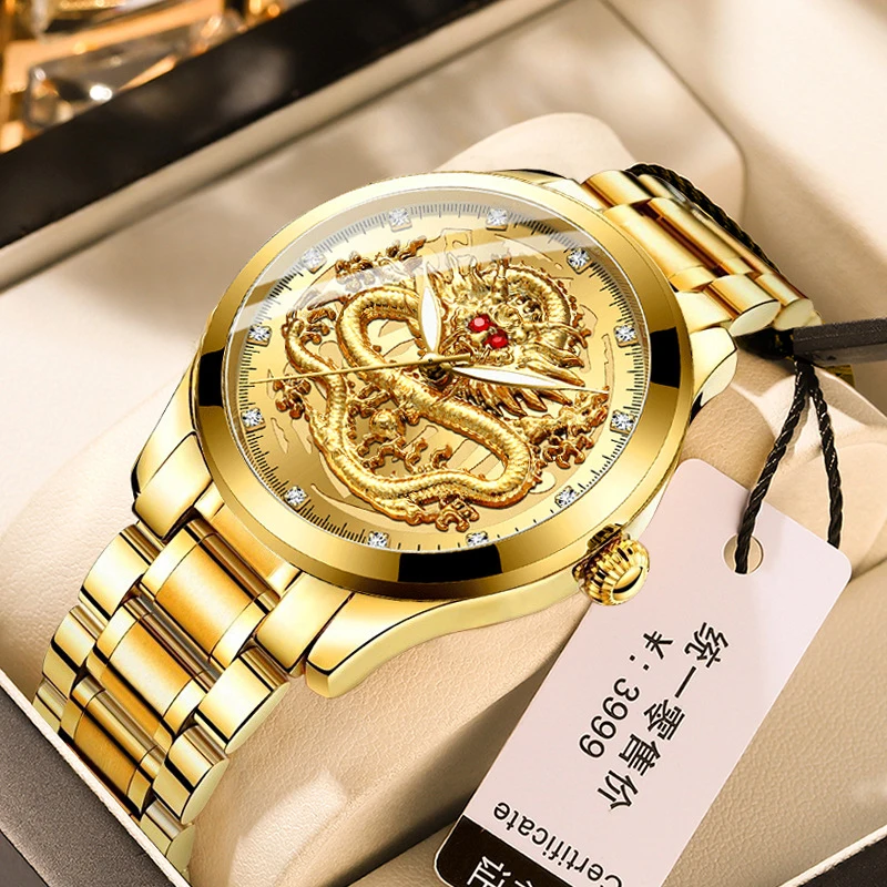 UTHAI Men's Watch Light Luxury Relief Golden Dragon Watch Waterproof ...