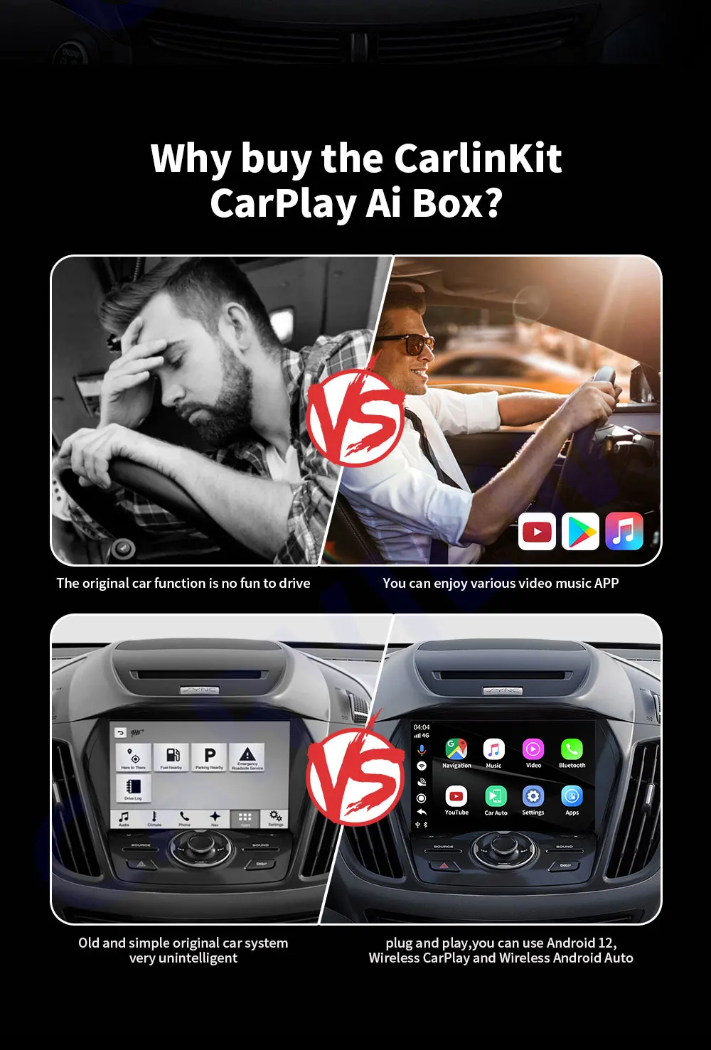 CARVIEW Carplay Ai Box Android 10 4G LTE WIFI GPS Wireless Carplay Wireless Android Auto GPS ...