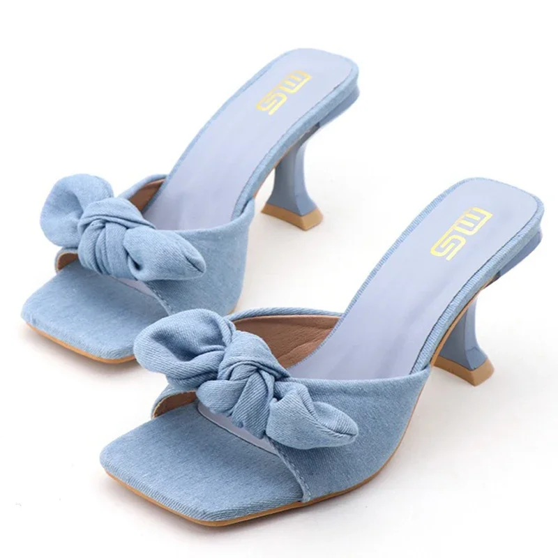 Women-6cm-High-Heels-Blue-Slipony-Mules-Slides-Female-Bowknot-Hoof-Low ...