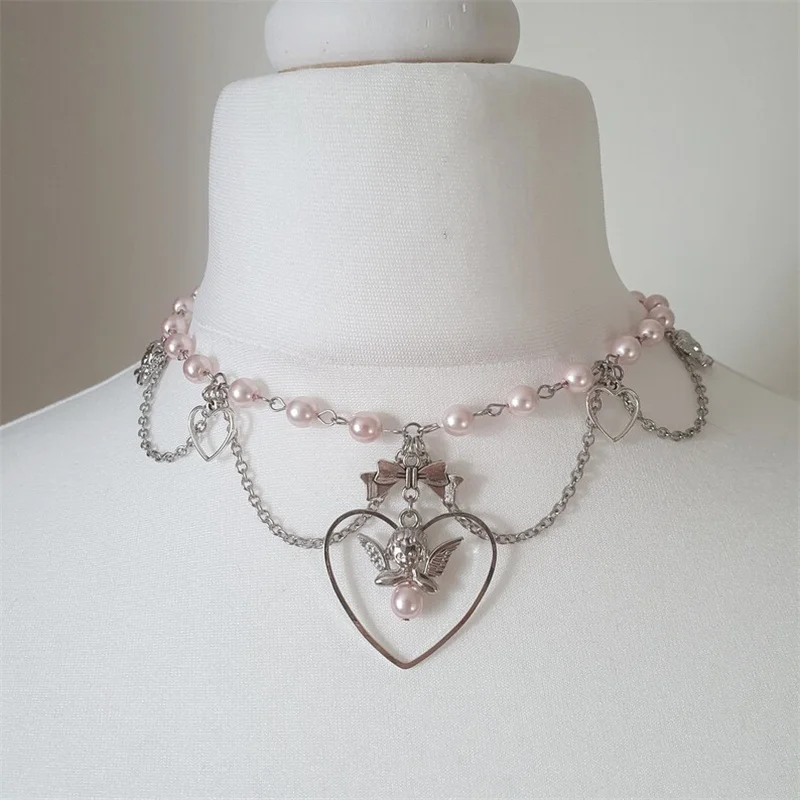 Handmade-Dainty-Angelic-Pink-Pearl-Beaded-Chokers-Featuring-Hearts-And ...