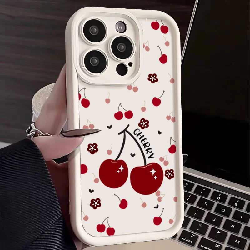 Red Cherry Pattern Soft Silicone Case For IPhone 16 15 Pro Max 14 Plus ...