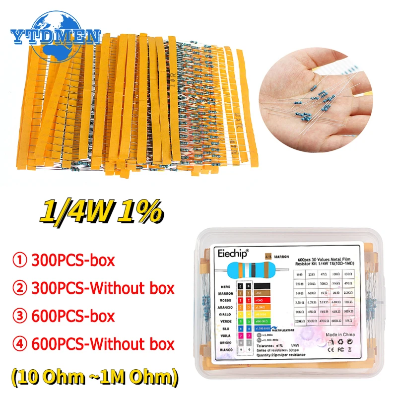 300-600pcs-30Values-1-4W-Metal-Film-Resistor-Kit-10Ohm-1M-Ohm ...