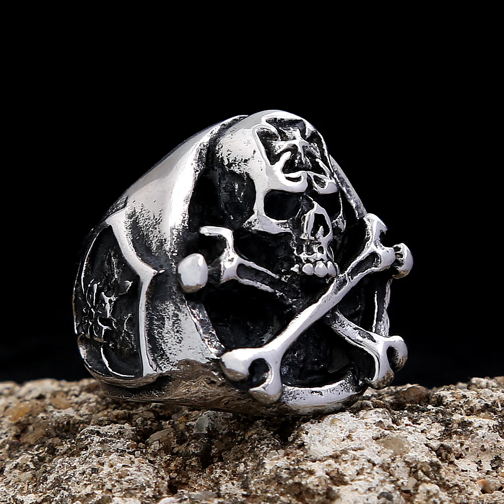 Vintage Men's Iron Cross Crossbones Skull Rings Heavy Stainless Steel ...