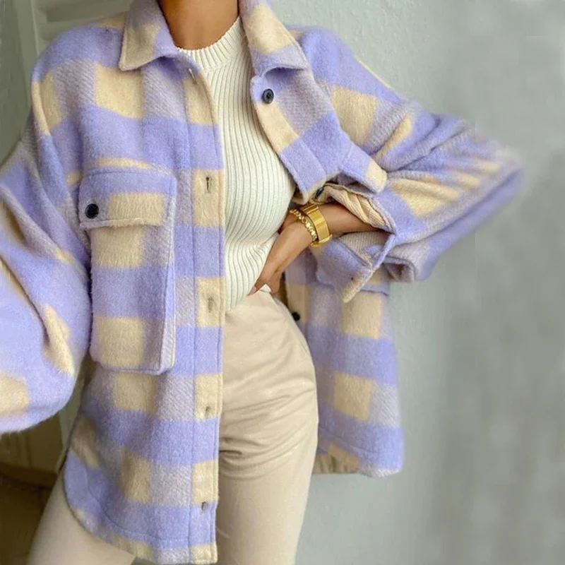 Veste-carreaux-chic-violet-pastel-pour-femme-surchemise-boutonn-e-poche ...