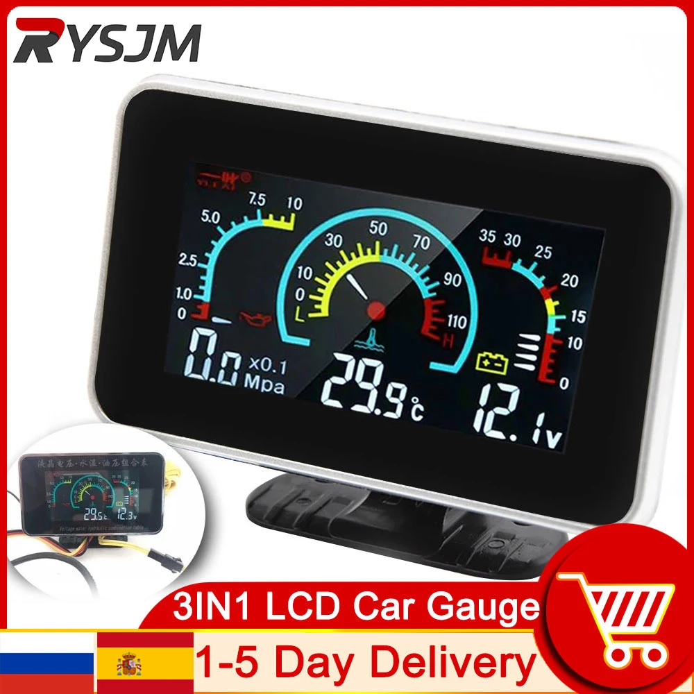 3 In 1 Lcd Car Digital Oil Pressure Gauge Voltmeter Water Temp Meter 1/ ...