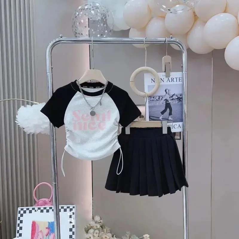 Children-Short-Sleeves-Top-Pleated-Skirt-2-Piece-Suits-Girls-Letter ...