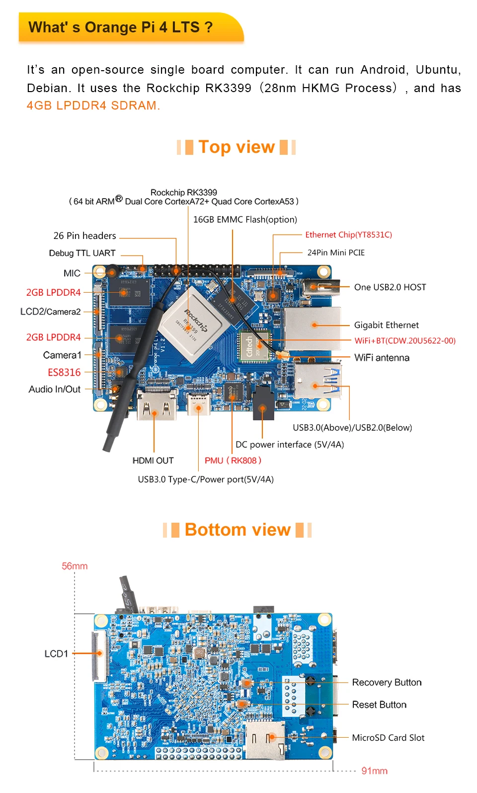 Orange Pi 4 LTS 4GB DDR4 RAM with 16GB eMMC RK3399 Wifi BT5.0 (supports Android, Ubuntu and ...