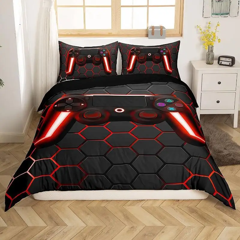 Gaming-Duvet-Cover-Set-King-Red-Honeycomb-Printed-Bedding-Set-Polyester ...