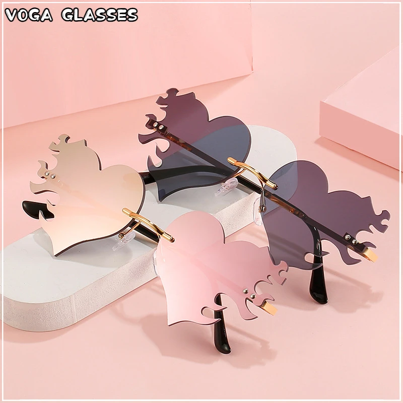 Personality-Rimless-Heart-Shaped-Sunglasses-Women-Fire-Flam-Sun-Glasses ...