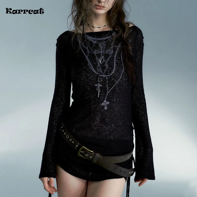 Karrcat Grunge Aesthetics Knitted Tops Vintage Tattoo Print T-shirt Wasteland Punk Black Ribbed ...