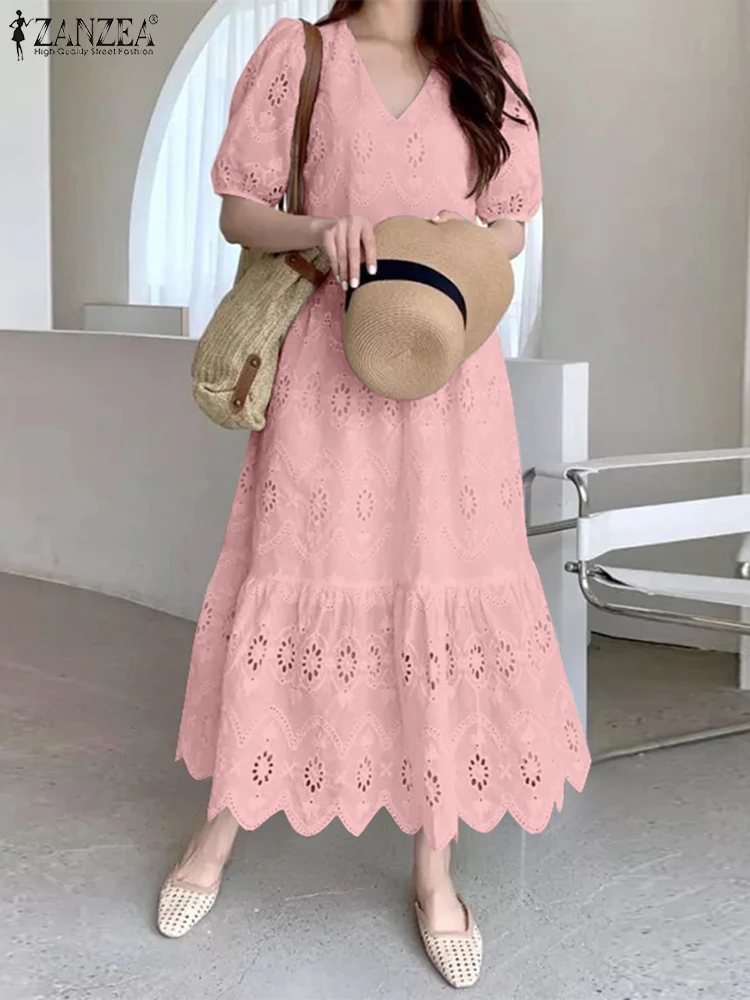 ZANZEA 2025 Summer Women Long Dress Solid Maxi Dresses Fashion Lace ...