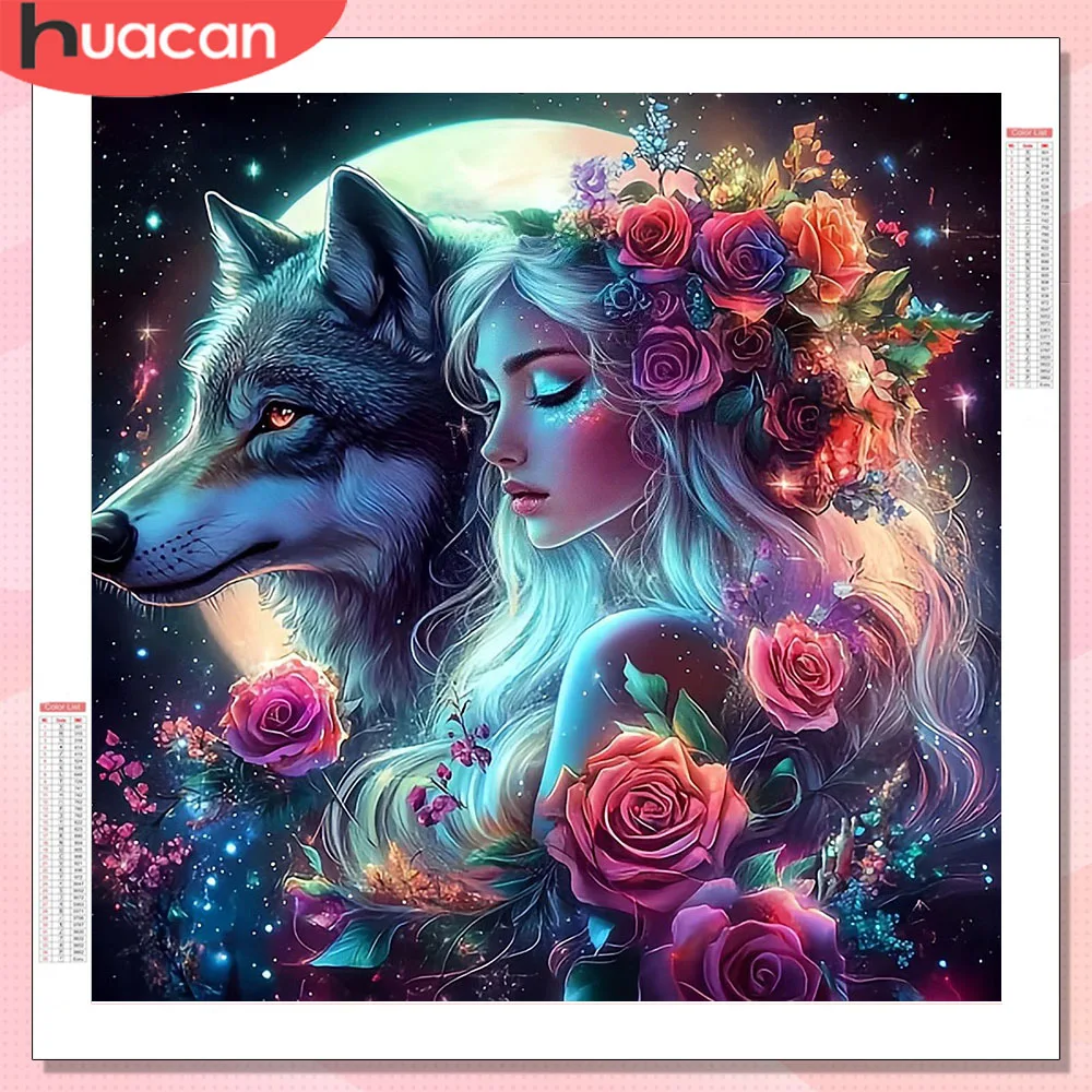 HUACAN Diy Diamond Painting Woman Wolf Portrait Full Drill Diamond ...