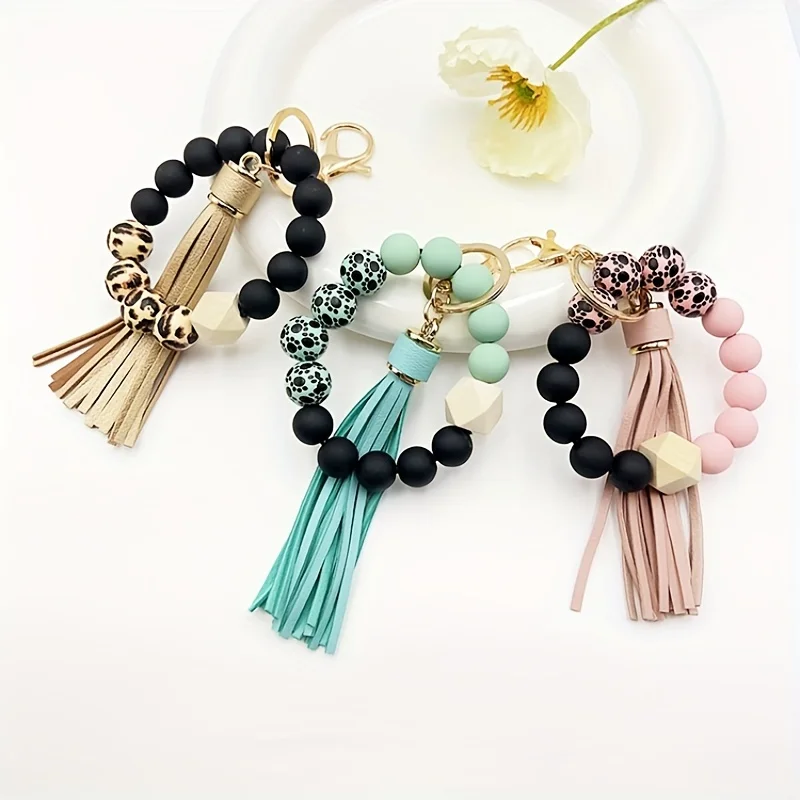 Silicone Beaded Keychain Bracelet Beaded Keychain with Tassels Women ...