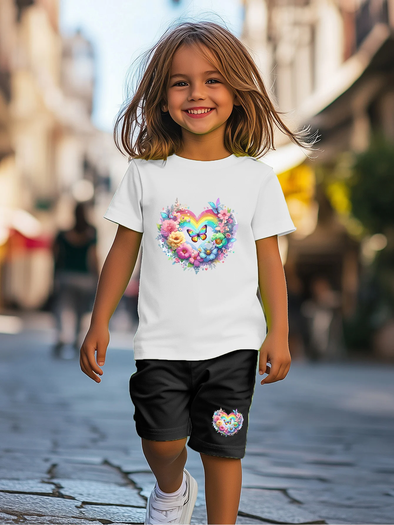 Two piece short sleeved girls' shorts set - printed pattern, suitable ...