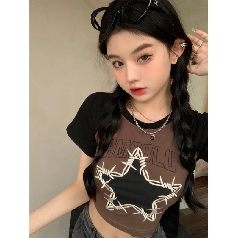 Crop-Tops-Summer-Tshirts-for-Women-Star-Embroidery-O-neck-Short-Sleeve ...