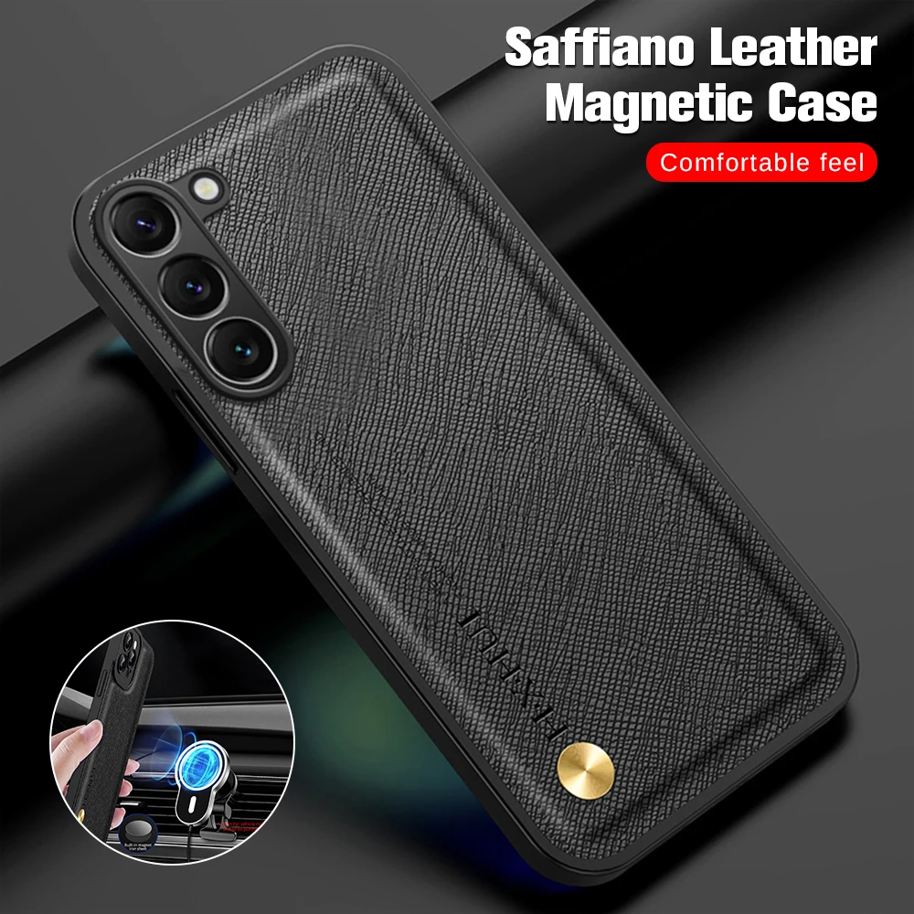 Luxury Cross Grain Leather Magnetic Back Cover For Samsung Galaxy S23 ...