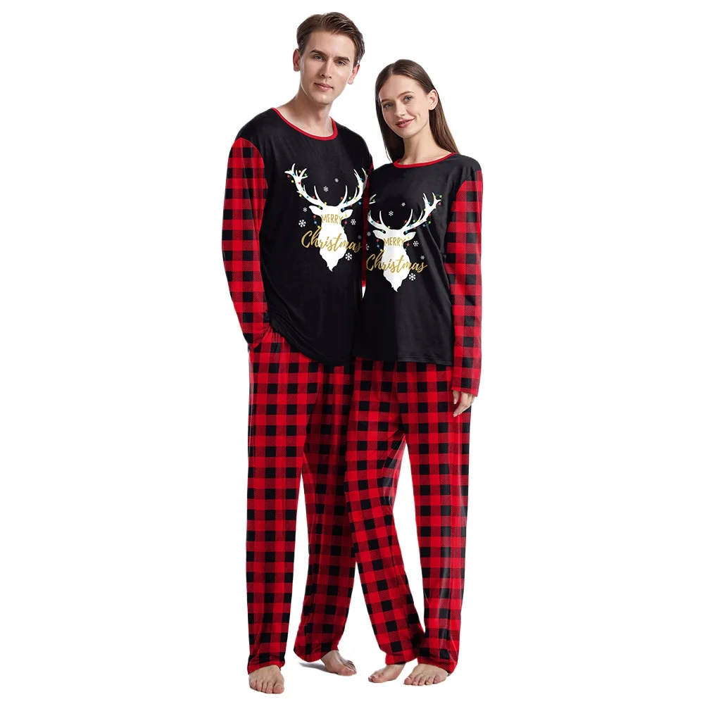 New-Elk-Christmas-Graphic-Pajamas-Sets-for-Women-Red-Checkered-Couple ...