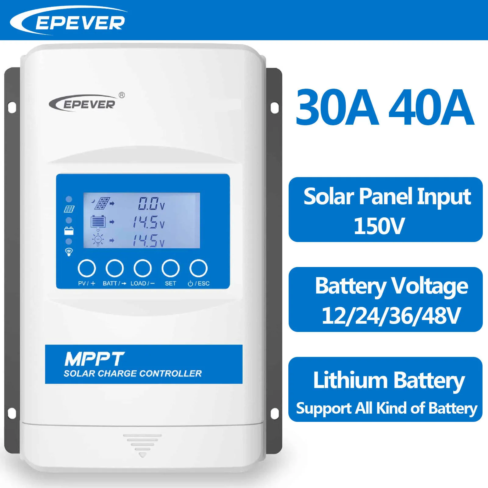 EPEVER-30A-40A-MPPT-Solar-Charge-Controller-Max-PV-Input-150V-Battery ...