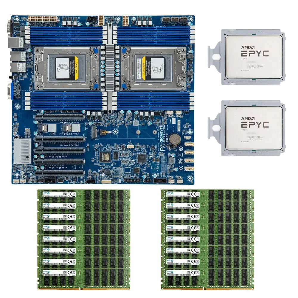 MZ72 HB0 madre + 2x AMD EPYC 7T83 CPU + 16x32GB 2666MHz RAMs ...