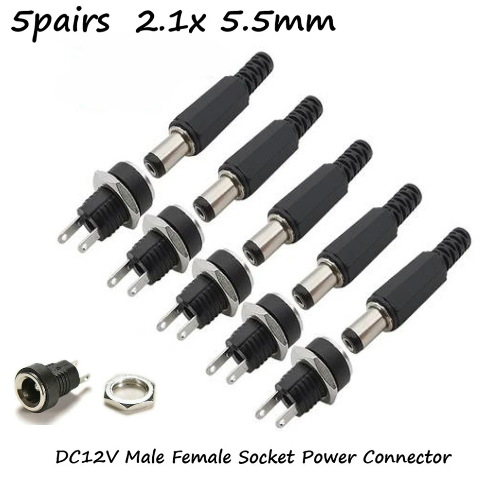 5-Pairs-DC-12V-Male-Jack-Plug-Female-Socket-Panel-Mount-Power ...