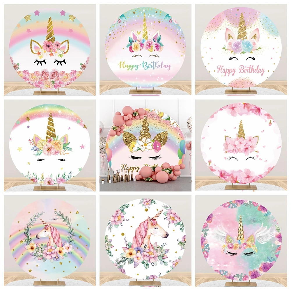 Unicorn Round Backdrop Cover Rainbow Flowers Newborn Girl Boy Birthday ...