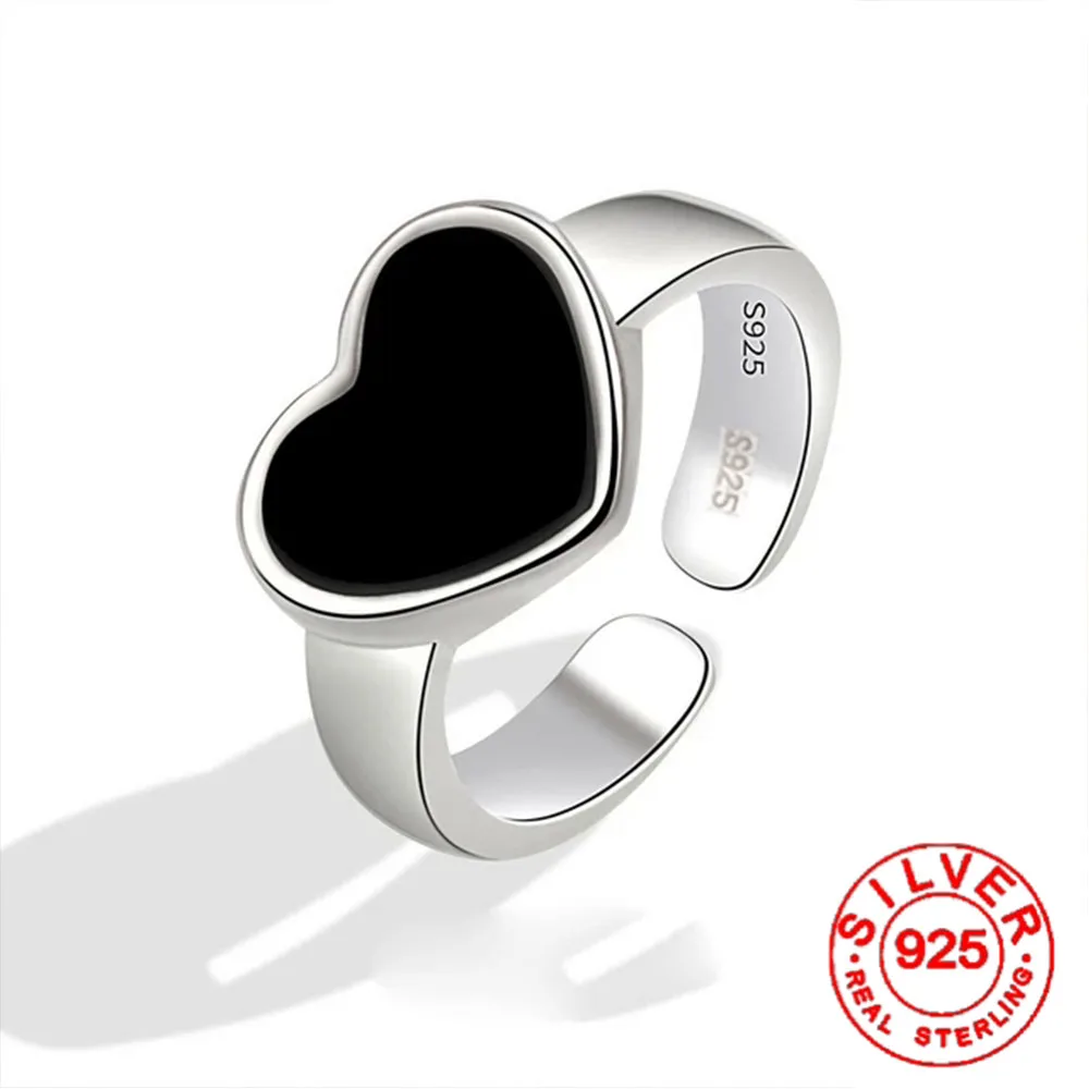 Silver-Color-Geometric-Black-Heart-Rings-For-Women-Men-Simple-Korean ...