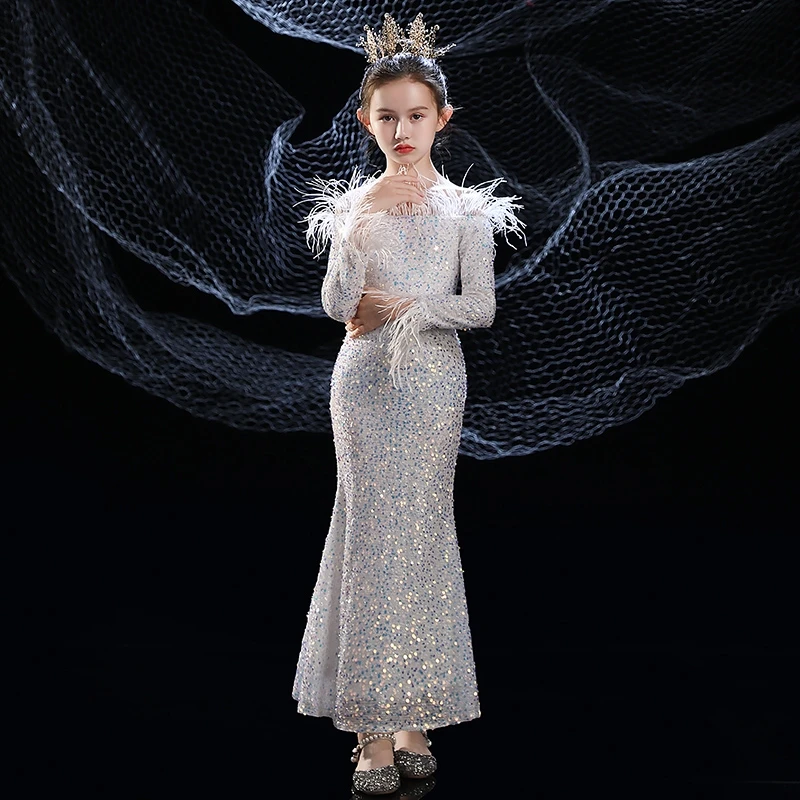 Evening Dresses For Girls Sequined Long Mermaid Girls Party Dress Full ...