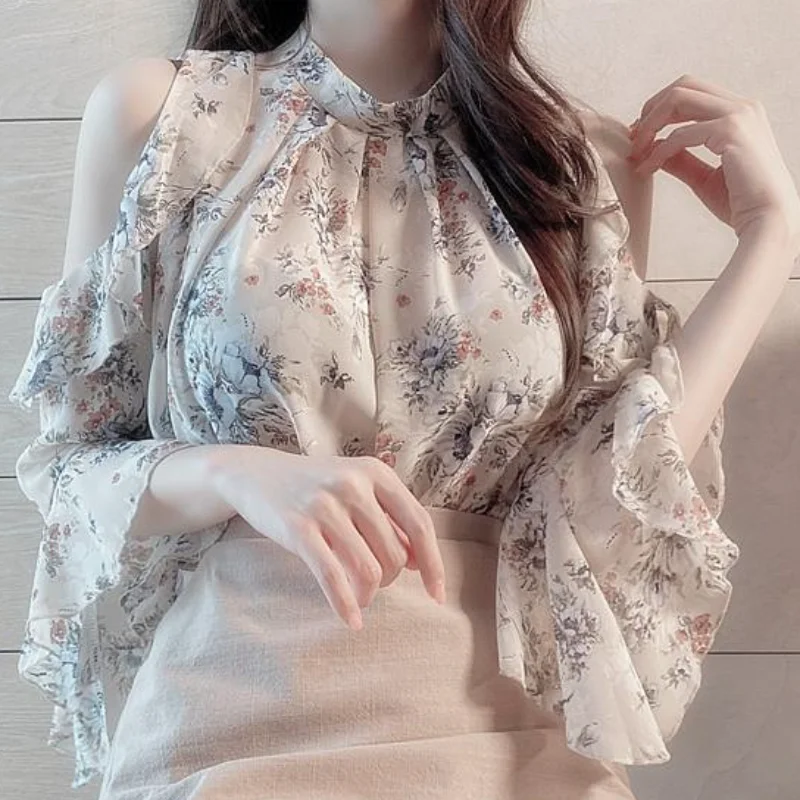 Blusas 2023 Summer Off Shoulder Floral Blouses Fashion Women Loose Short Sleeve Top Chiffon ...