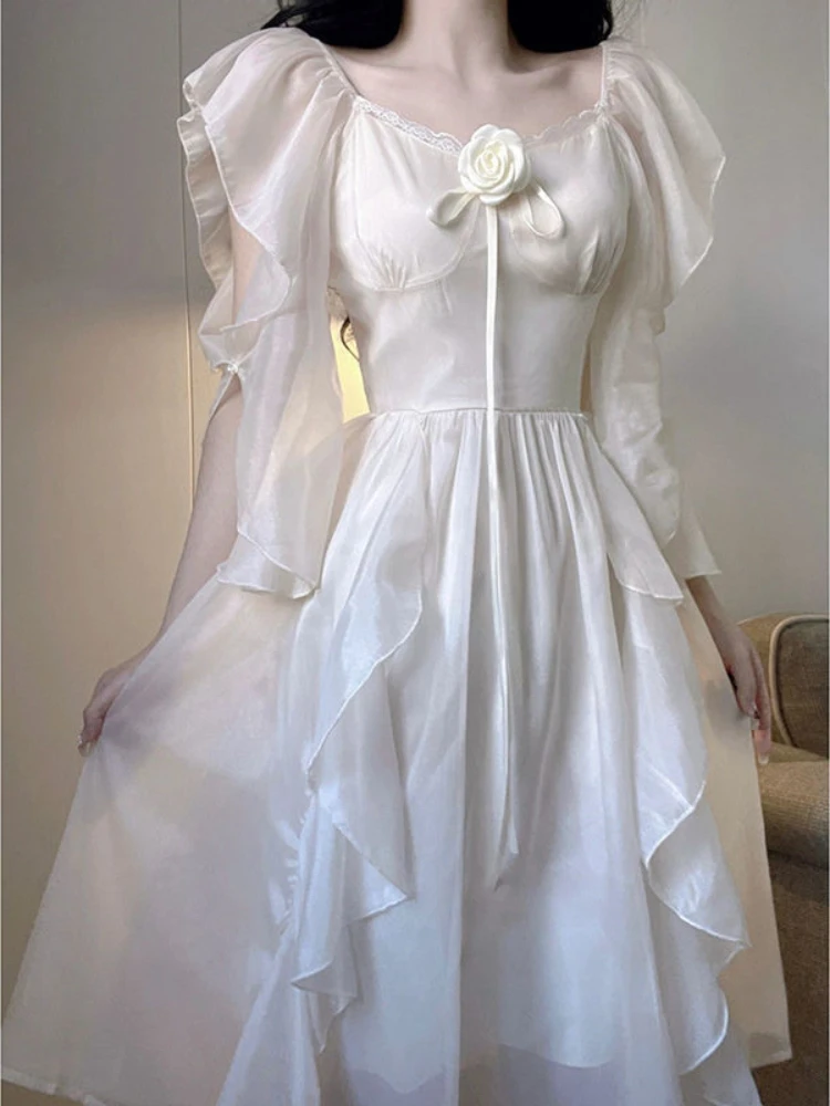 Houzhou Elegant White Dress Women Fairy Dresses Summer Chiffon Vintage ...