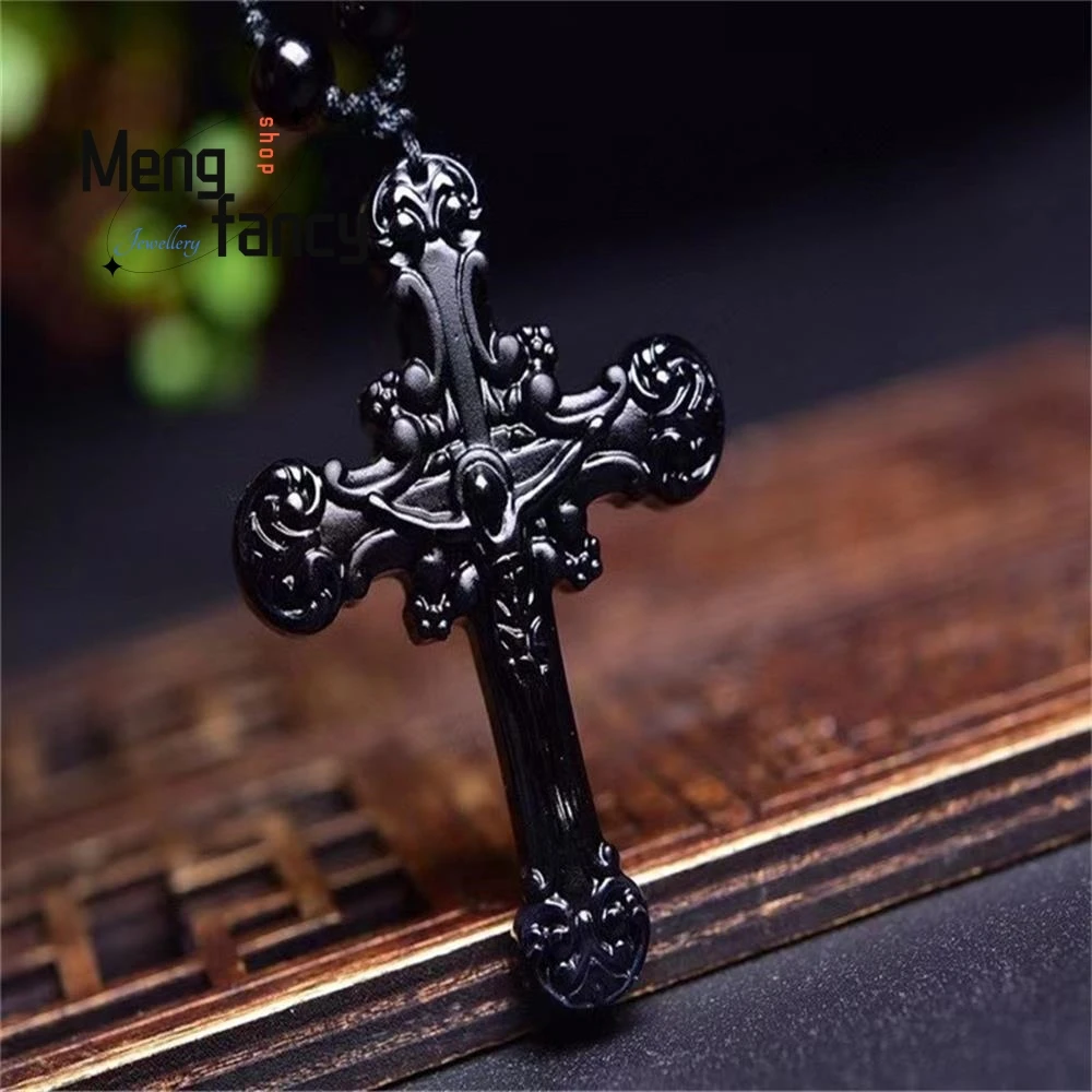 Natural Obsidian Cross Pendant Charms Fashion Fine Jewelry Engraver ...