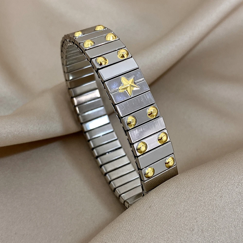 Punk-Rivet-Star-Elastic-Stainless-Steel-Bracelet-Bangle-for-Women-Men ...