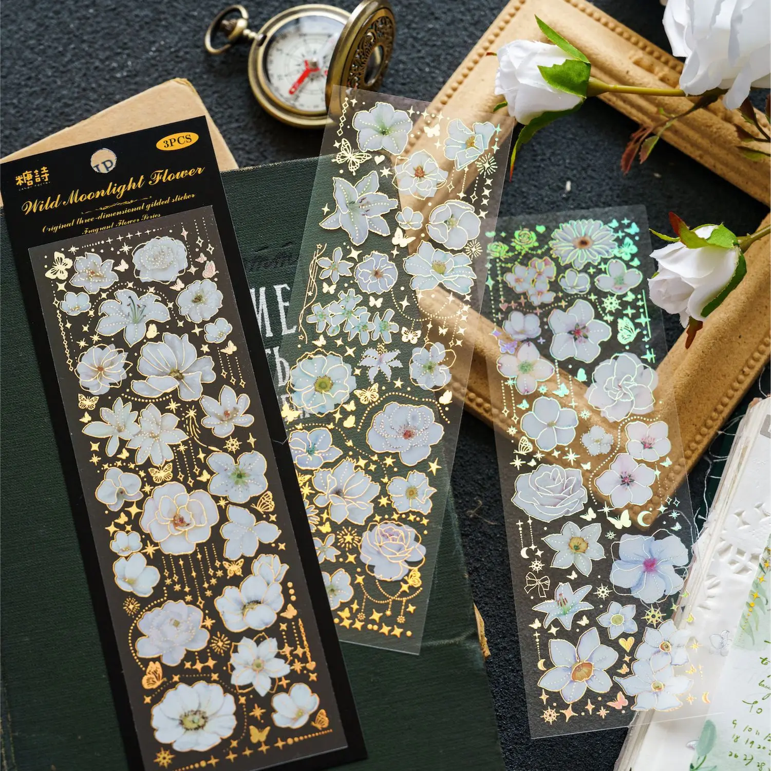 3Pcs Retro Three-Dimensional Gilded Sticker Fresh Flowers Collage ...