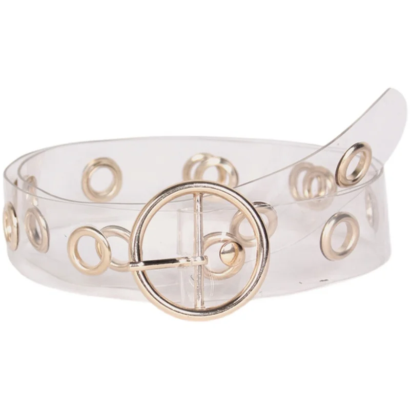 Women's Belts Fashion Design Gold Metal Round Buckle Belt Clear Plastic ...