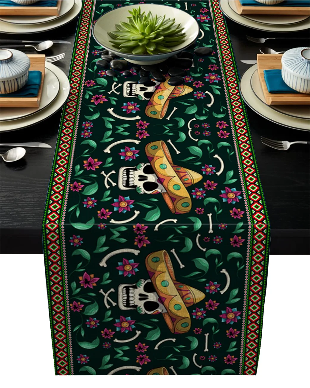 Linen-Burlap-Table-Runner-Mexican-Skull-Straw-Hat-Kitchen-Table-Runners ...